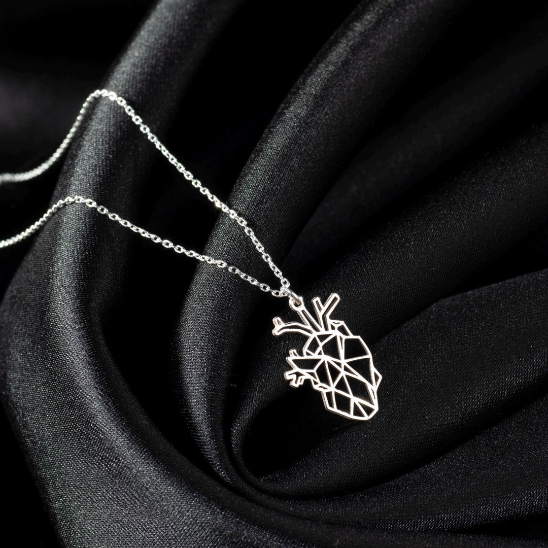 Anatomical Heart Necklace, Silver Origami Heart Necklace, Human Heart ...