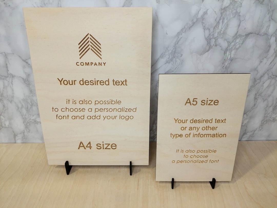 Personalized Wooden Sign With Black Stand | Custom Engraved Text on A4 ...