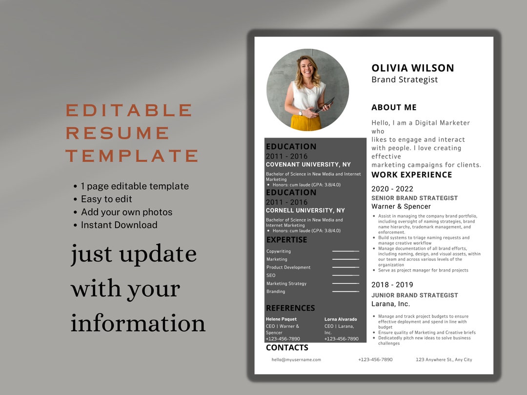 Editable and Downloadable Resume Template With Photo, Professional ...