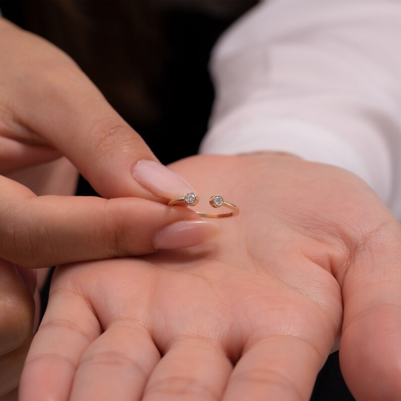 Diamond Bezel Statement Ring Solid Gold and Diamond Cuff Ring Two Diamond Open Ring Dainty ...