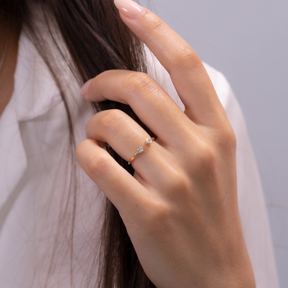 Diamond Bezel Statement Ring Solid Gold and Diamond Cuff Ring Two Diamond Open Ring Dainty ...