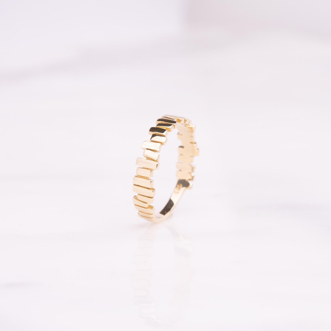14K Yellow Gold Scattered Bar Ring - Geometric Minimalist Stacking Ring ...