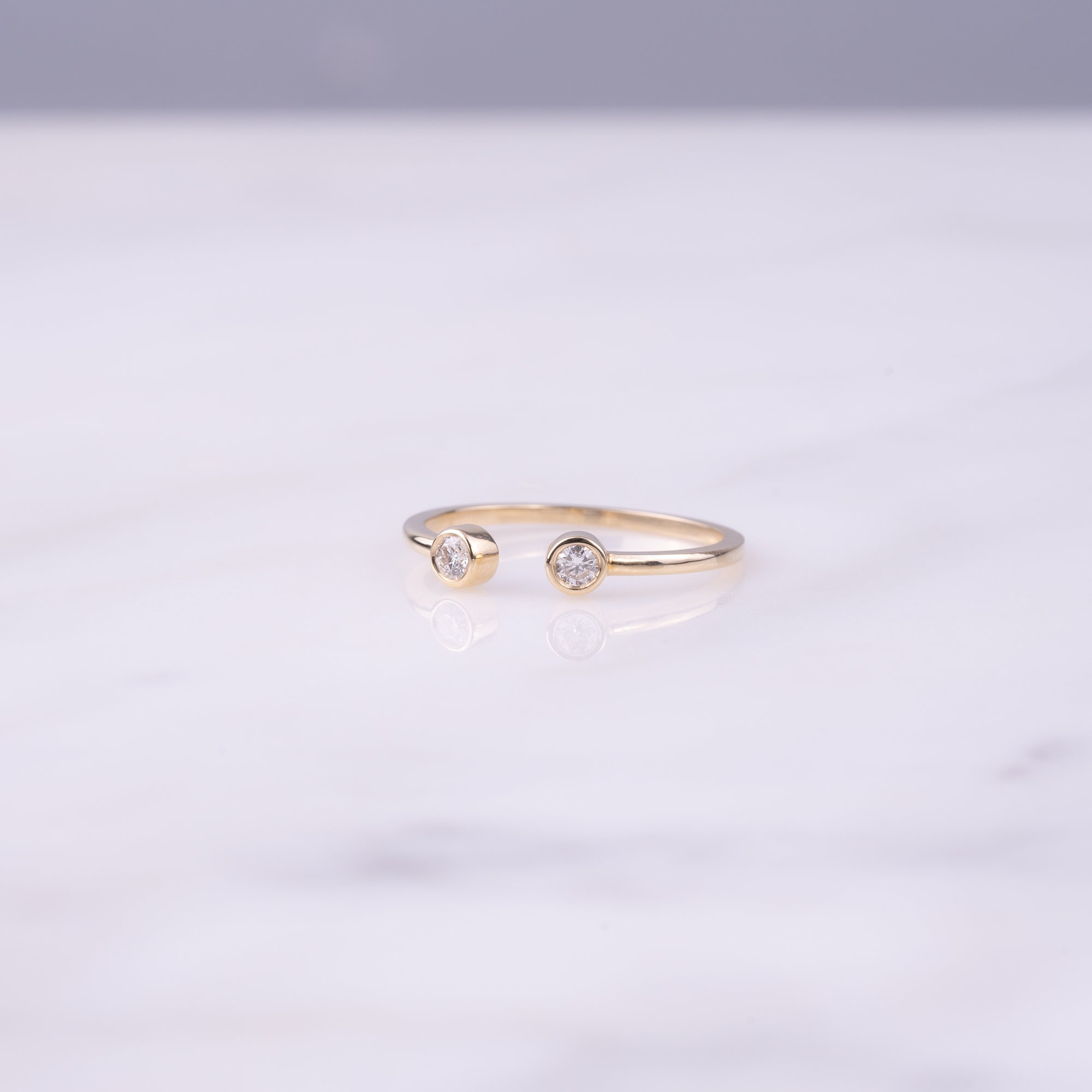 Diamond Bezel Statement Ring Solid Gold and Diamond Cuff Ring Two Diamond Open Ring Dainty ...