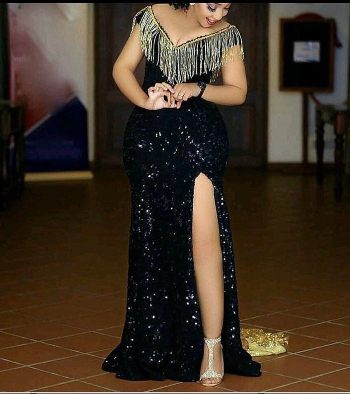 Sequence Dress With Gold Fringe, Bridal Sequence Dress, Black Sequence ...