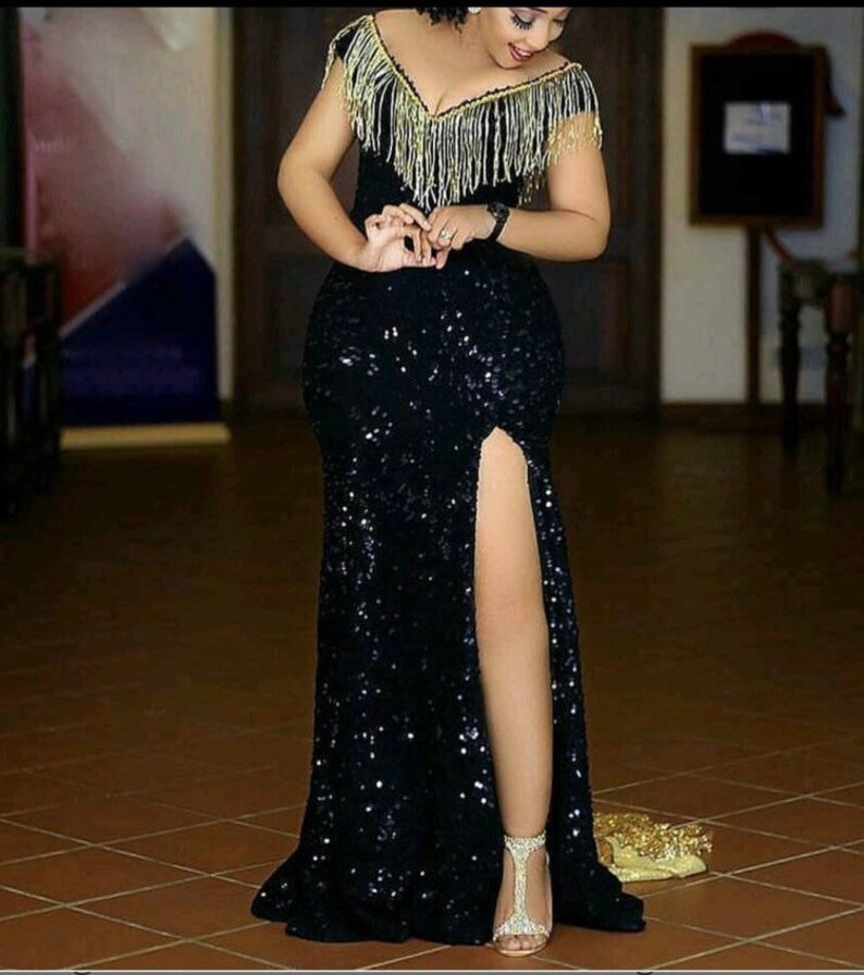 Sequence Dress With Gold Fringe, Bridal Sequence Dress, Black Sequence ...