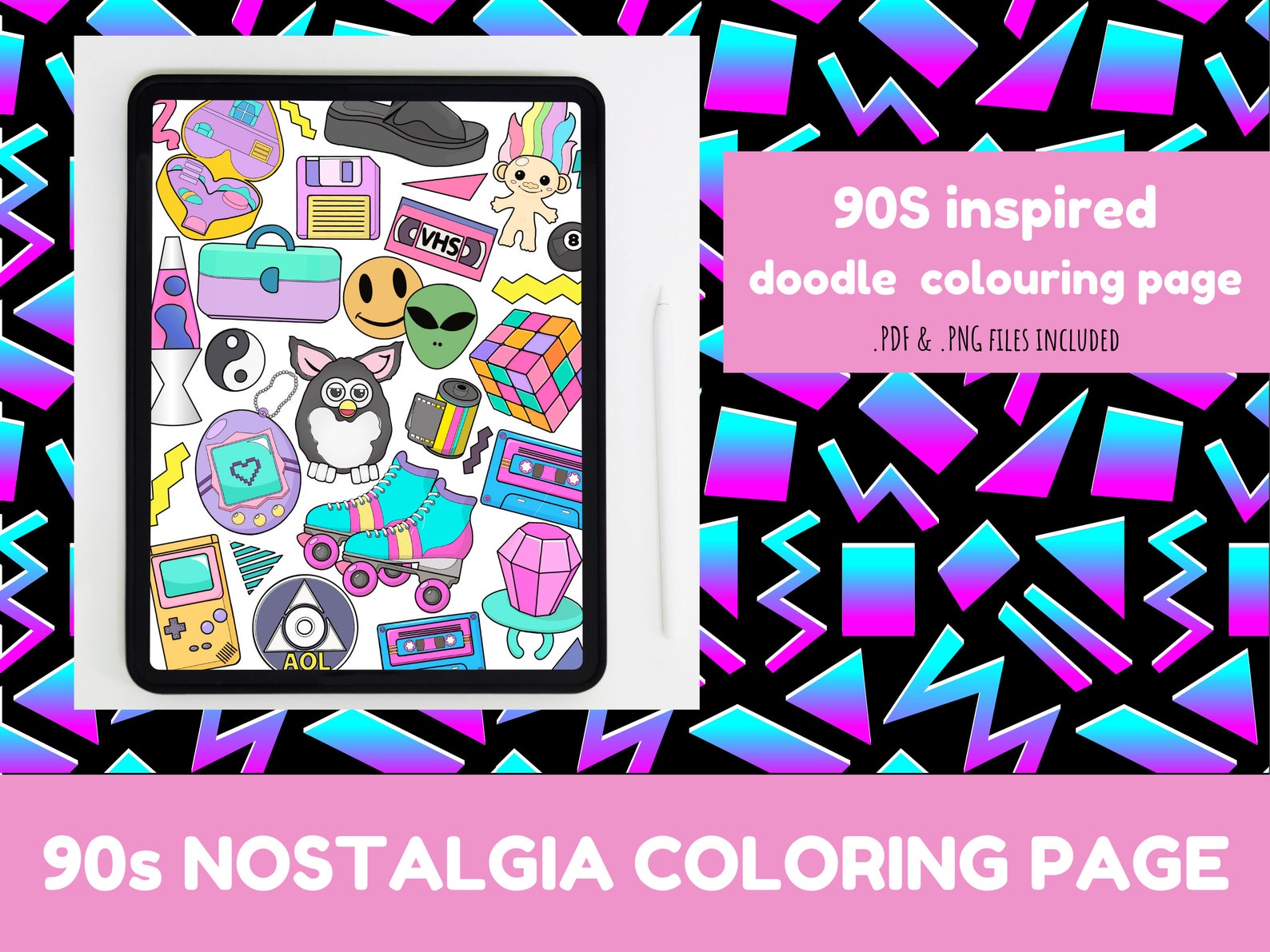 90s Nostalgia Coloring Page - Millennial Nostalgia, Adult Colouring ...