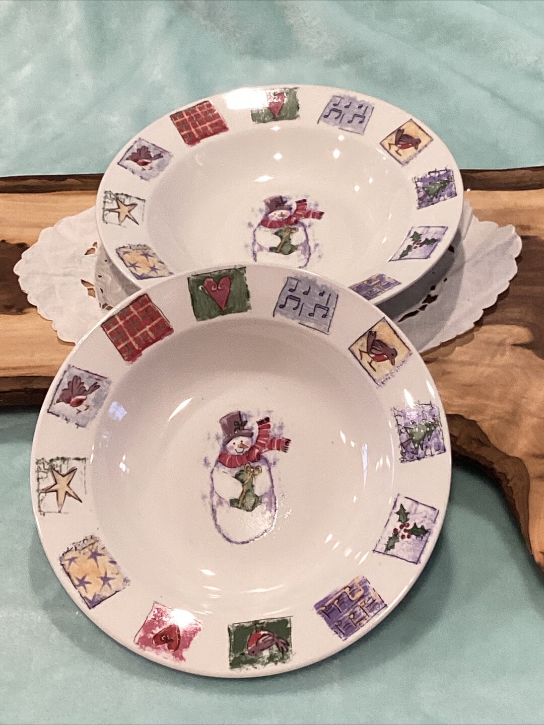 Gibson Concord Patchwork Snowman 9" Soup Bowls Set of 2 Flat Rimmed - Etsy