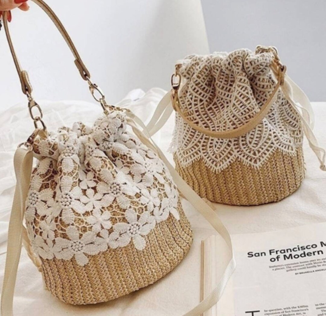 Straw Lace Bucket Bag Casual Holiday Bag Elegant Lace Straw Bag ...