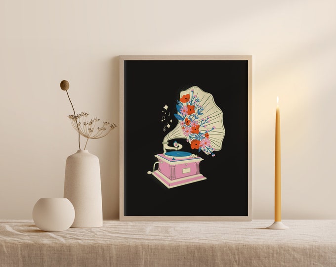 Printable Phonograph and sunflowers wall decor, Vintage Record Player ...