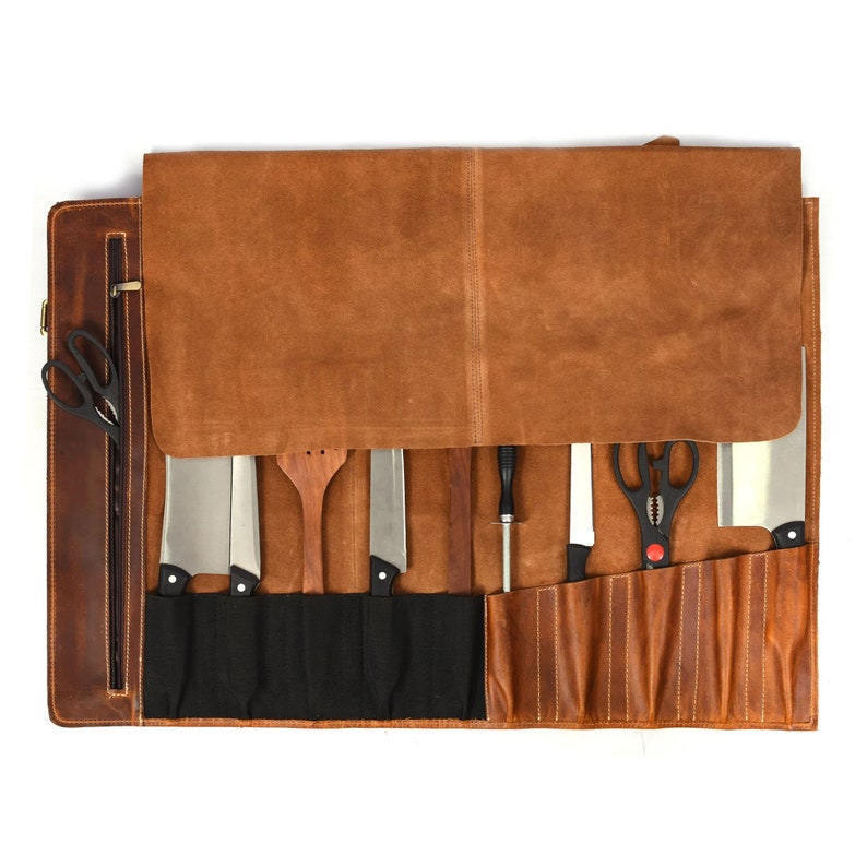 Leather Knife Roll for Chef Stress Brown, 10 Slot Customized Monogram ...
