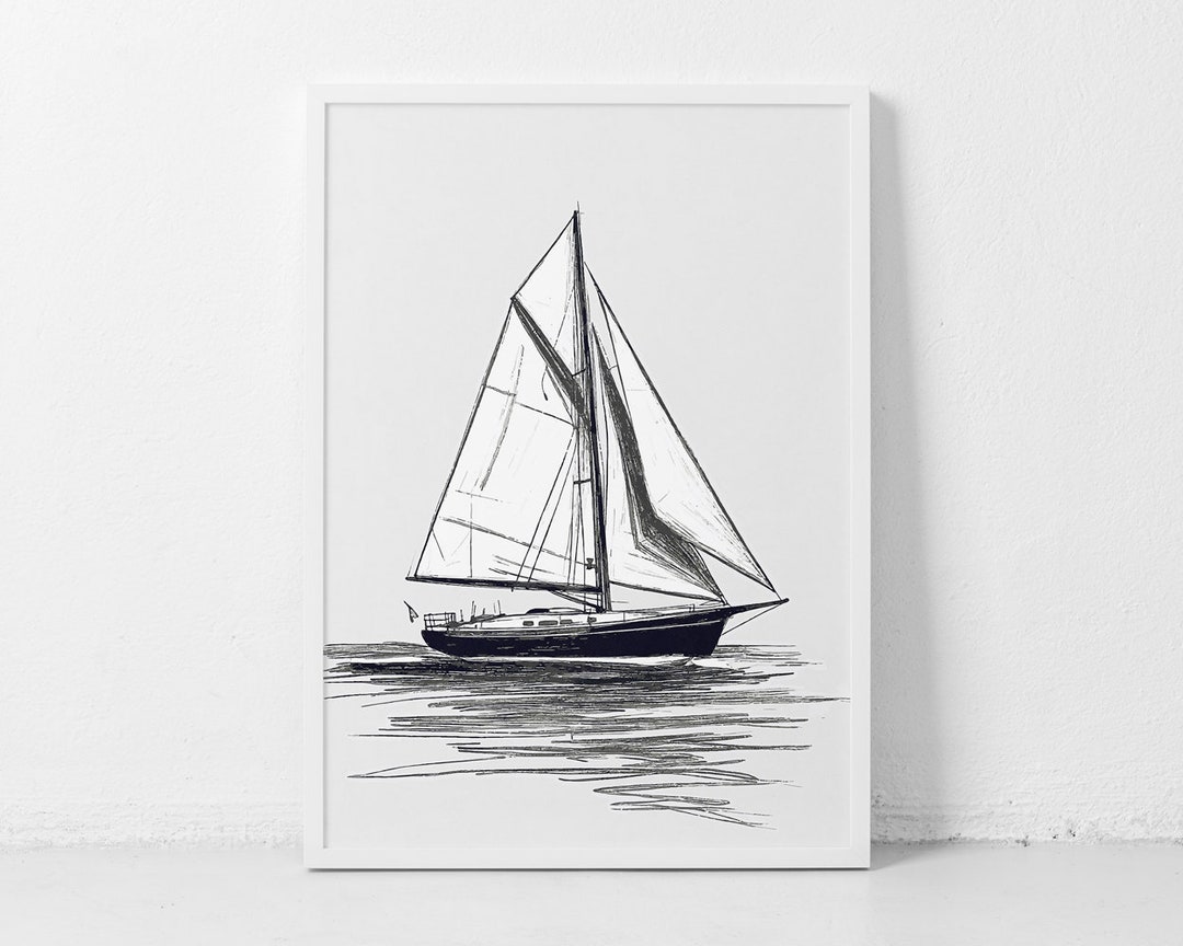 Sailboat Art - Sloop Sailboat Sketch - Vintage Sloop Print - Vintage ...