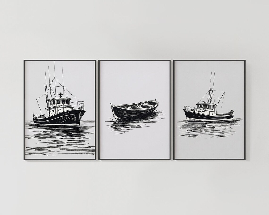 Fishing Boat Sketch - Troller Yacht Print - Trawler Boat Print ...