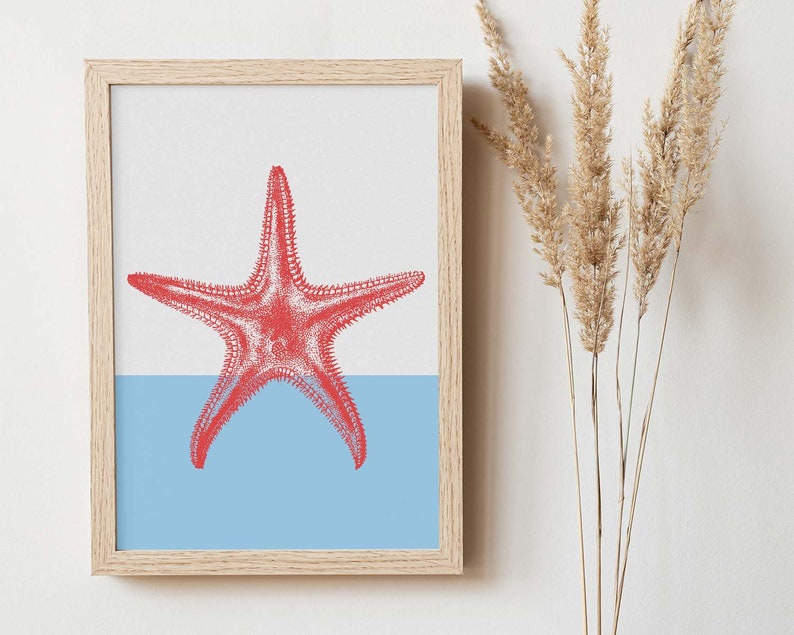Red Starfish Print - Summer Pop - Coastal Pop Art - Blue Color Block ...