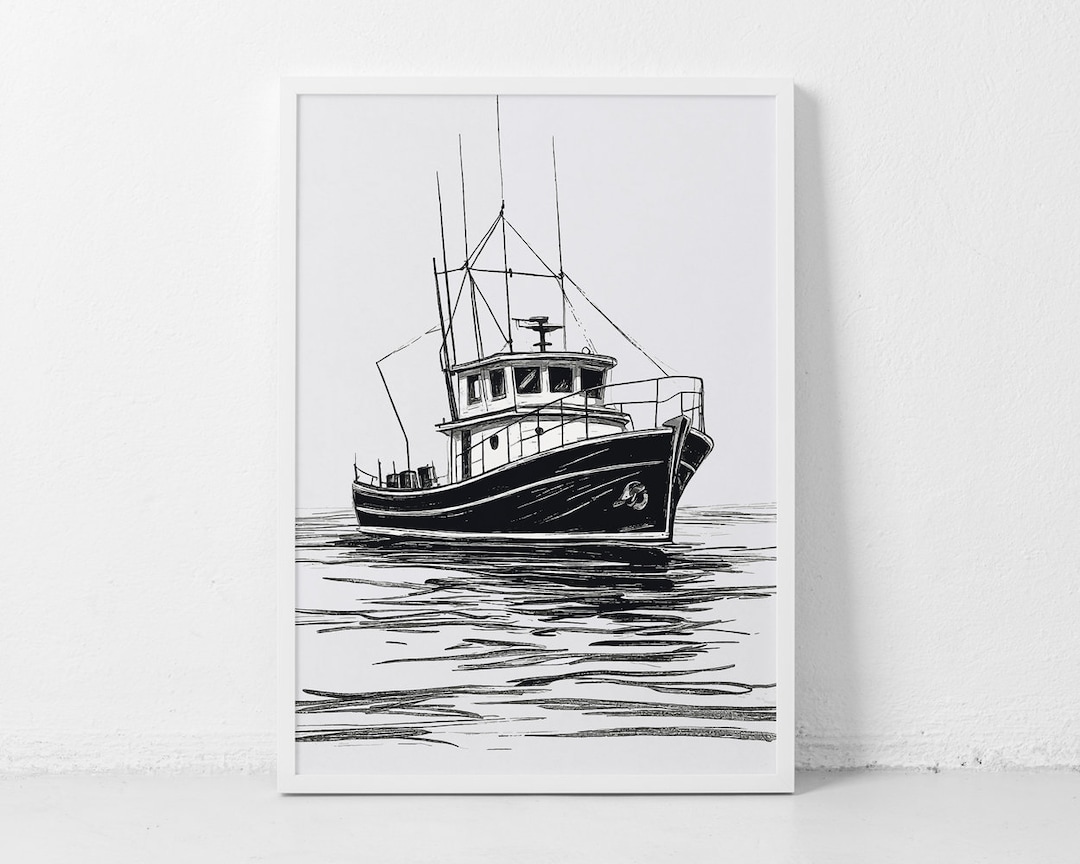 Fishing Boat Sketch - Troller Yacht Print - Trawler Boat Print ...