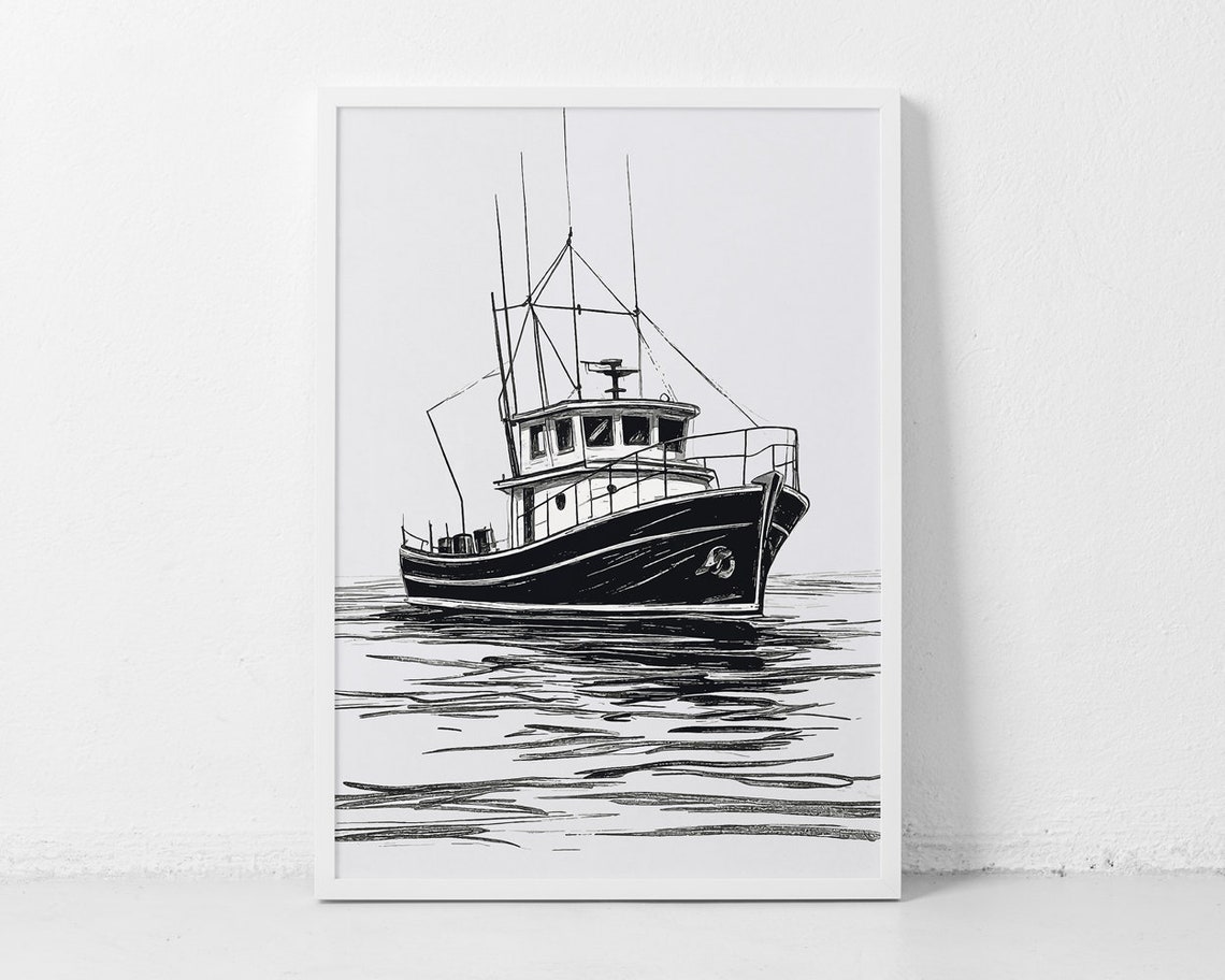 Fishing Boat Sketch - Troller Yacht Print - Trawler Boat Print ...