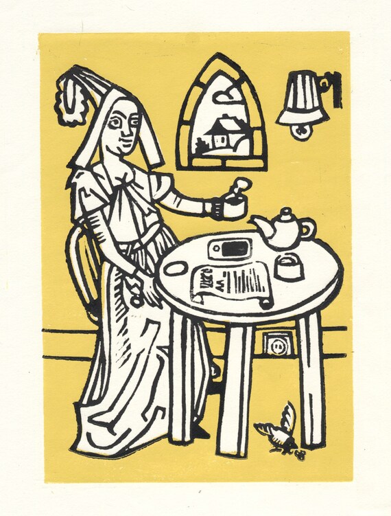 Medieval Cup of Tea Linocut Print Medieval Art Hand | Etsy