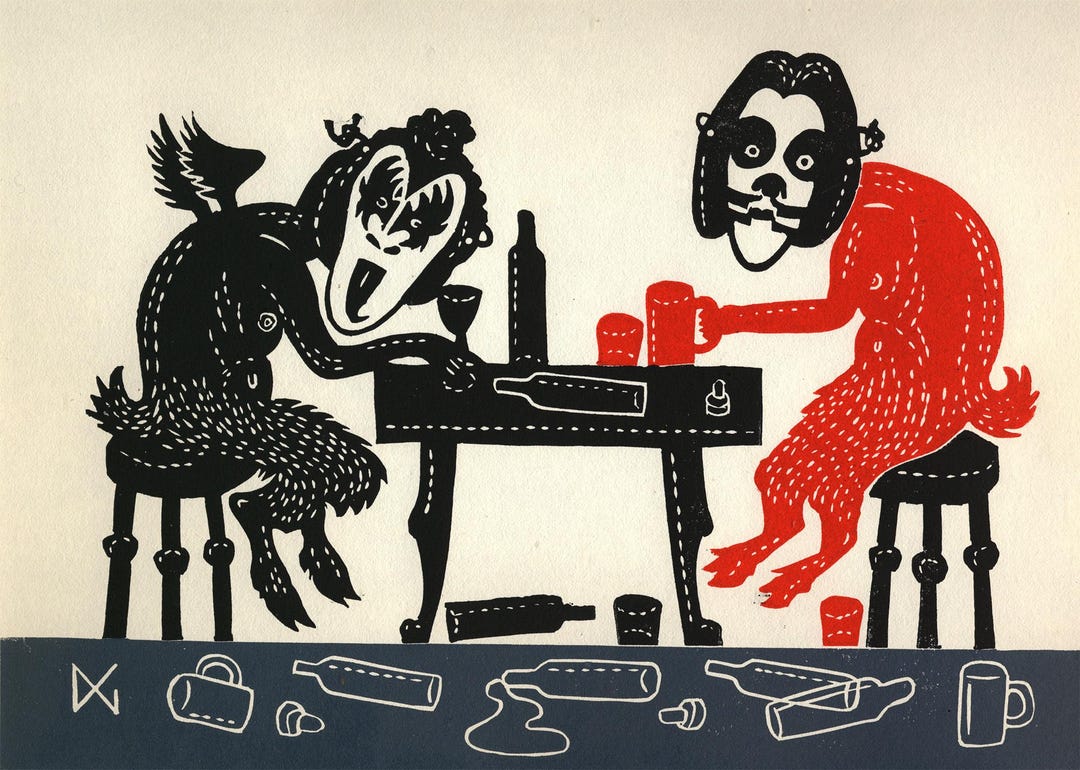 Two Devils Play A Drinking Game Wearing 'kiss' Masks. Gene Simmons is ...