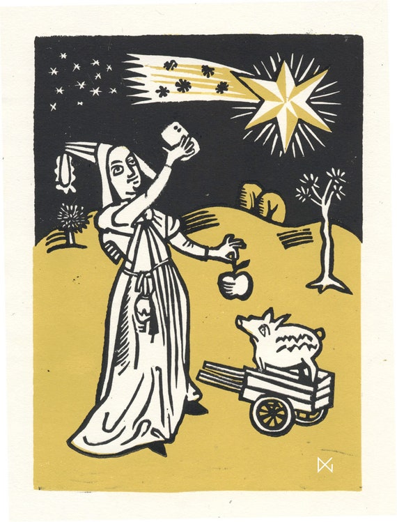 Medieval Stargazing Linocut Print Medieval Art Hand | Etsy