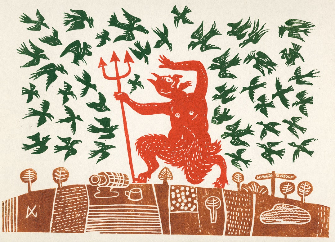 The Devil Attacked by Birds | Handprinted | Limited Edition - Etsy