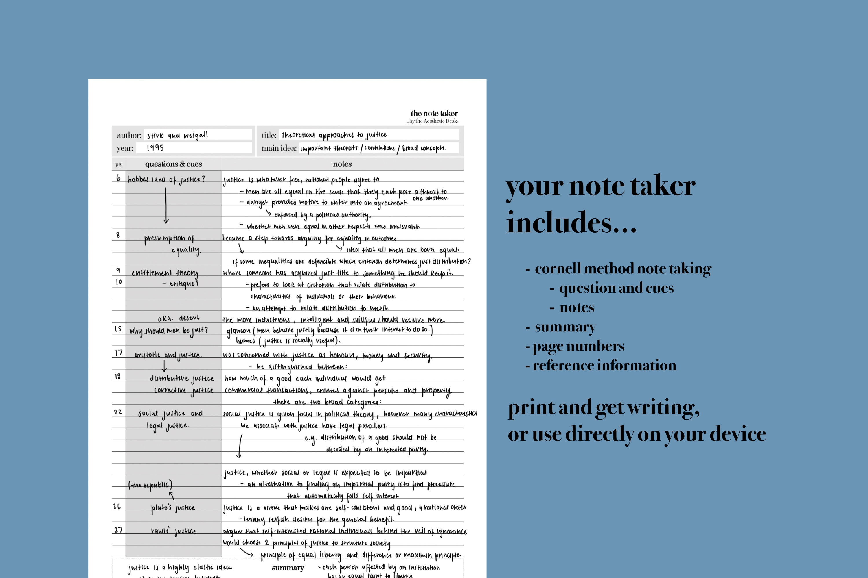 The Note Taker Printable / Digital Study Planner Template, Cornell ...