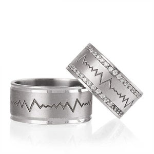Heartbeat Wedding Rings - His and Hers Couples Rings - Pulse Wedding ...