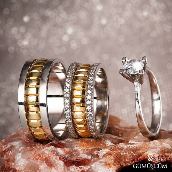 Silver Wedding Rings Set 14K Gold Plated His and Hers - Etsy