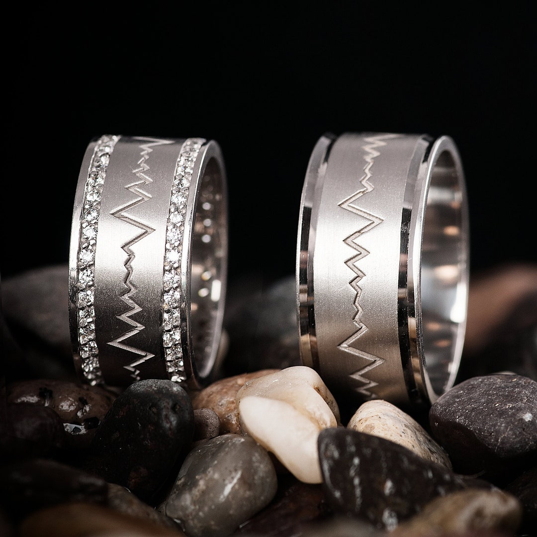 Heartbeat Wedding Rings - His and Hers Couples Rings - Pulse Wedding ...