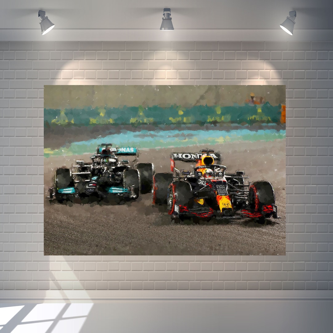 F1 Max Verstappen Lewis Hamilton Final Lap Overtake 2021 Art Painting ...