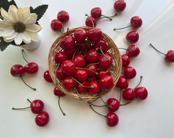 12 Fake Artificial Cherries. Kitchen Fake Fruit. Faux Cherry Decoration ...