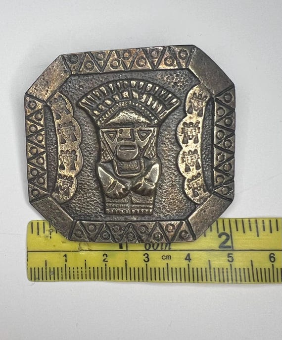 800 Peruvian Silver Pin with Aztec Relief Design - Gem