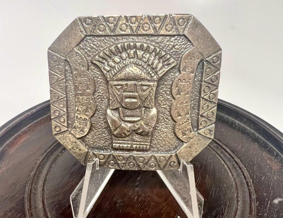 800 Peruvian Silver Pin with Aztec Relief Design - Gem