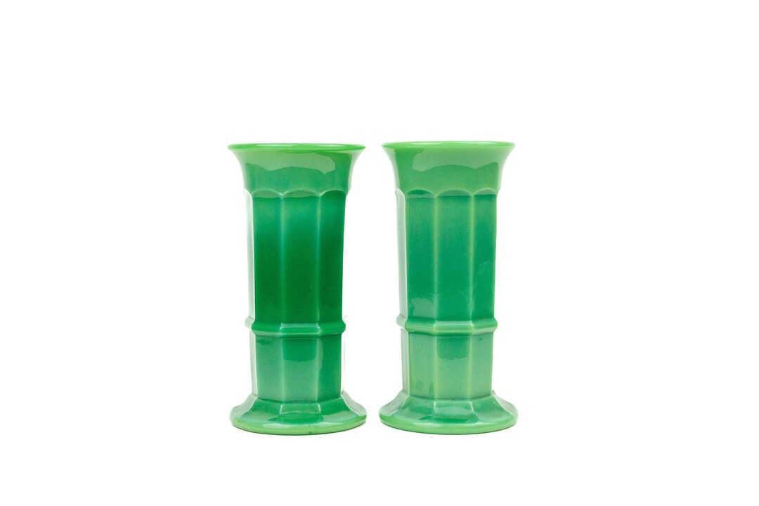 2x Vintage Davidson Jadeite Green Glass Column Vase, Art Deco 30s Bud ...
