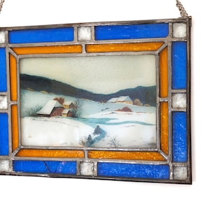 Vintage Small Painted Stained Glass Panel Depicting Winter Scene, on a ...