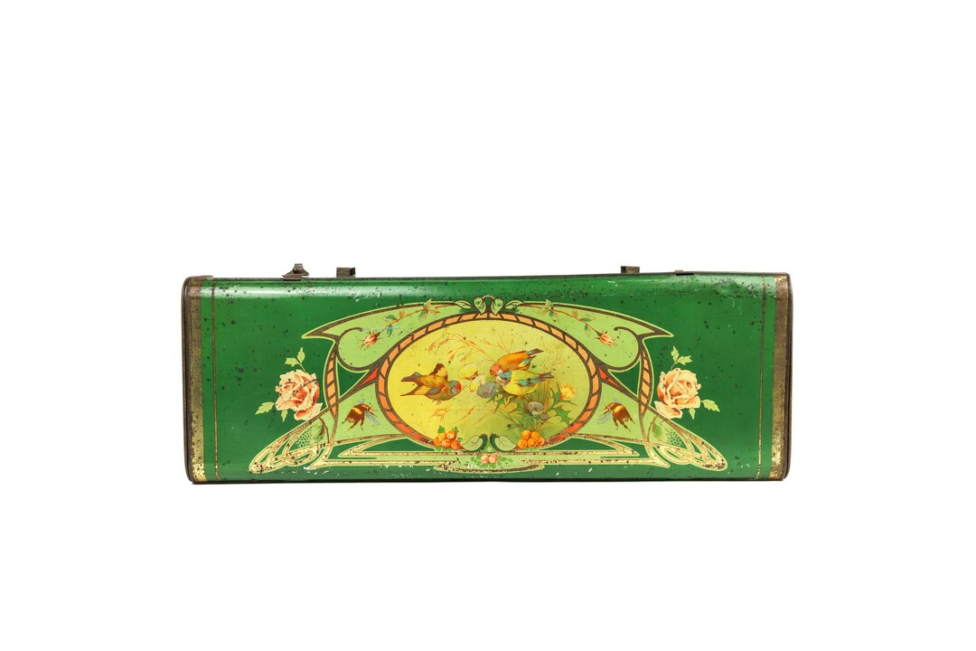 XL Antique Green German Metal Botanical Drum Vasculum Antique Tin ...