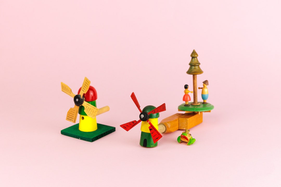 Collection of Vintage Erzgebirge Wooden Toy Windmills, Painted Wood ...