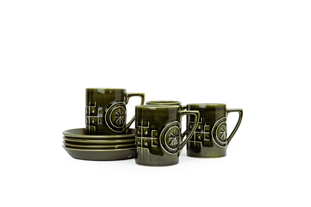 4x Vintage Portmeirion Totem Cups and Saucers, Green Retro Ceramic ...