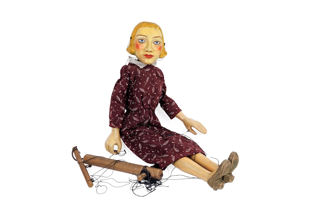 Antique Carved Wooden Marionette Puppet, Woman With Blonde Hair and ...