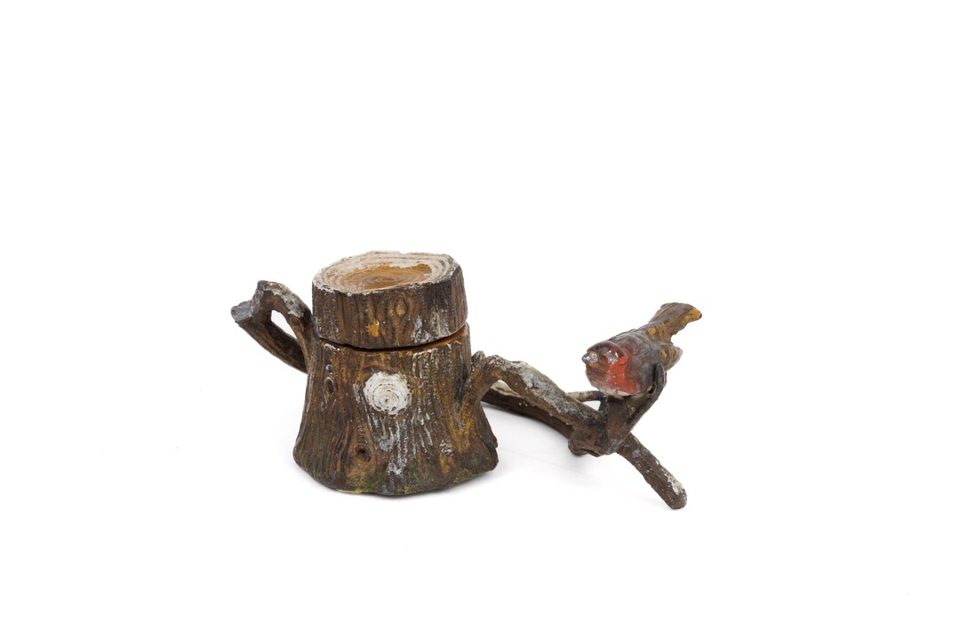 Vintage Heyde Painted Metal Novelty Tree Stump With Bird Shaped Inkwell ...