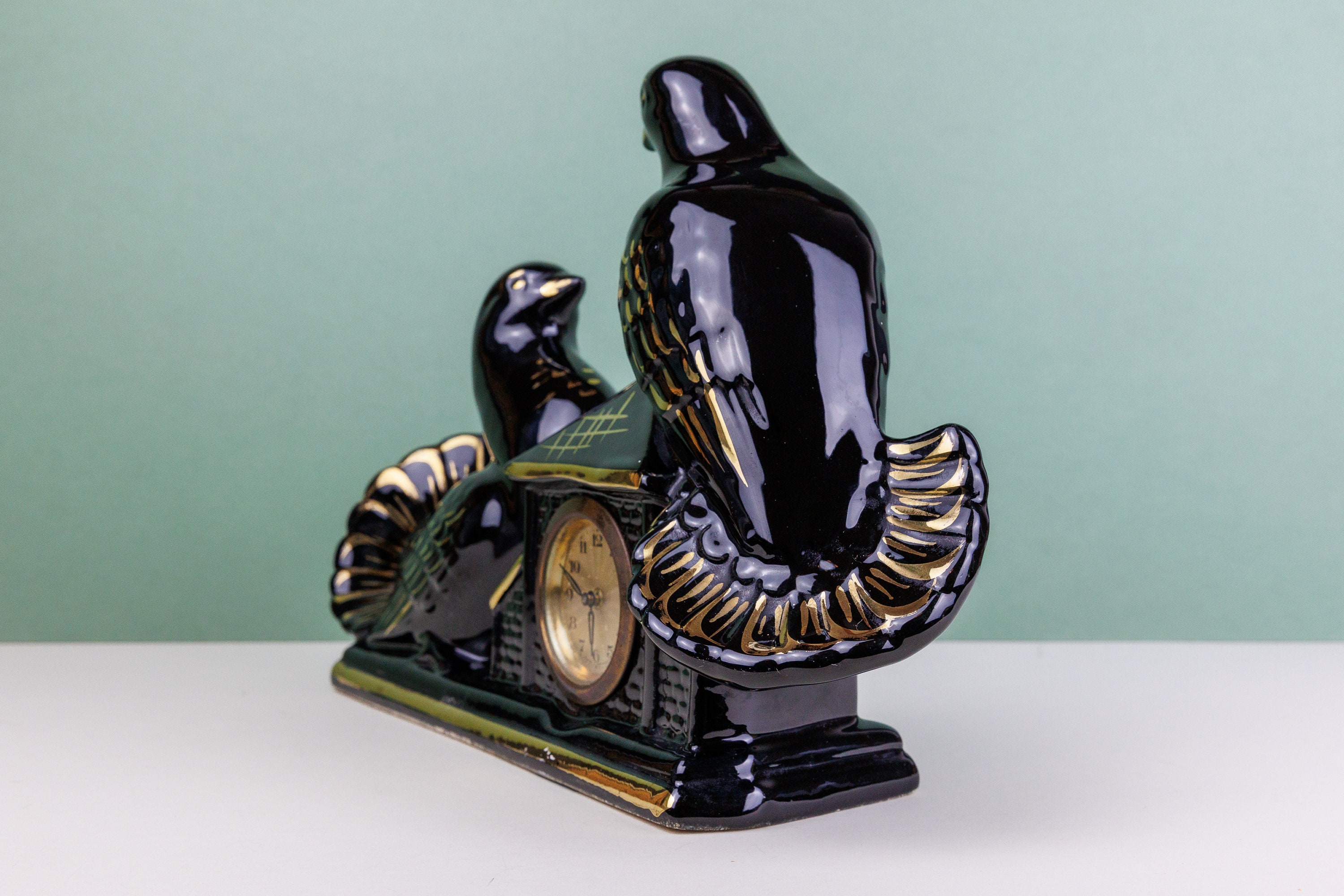 Vintage Black Ceramic Art Deco German Mantle Clock With Birds - Etsy