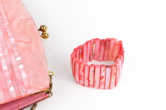 Vintage Pink Pearlised Plastic Handbag, Lucite, Brass… - Gem