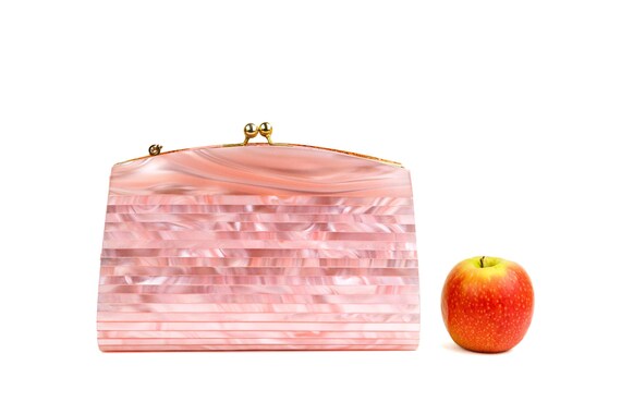 Vintage Pink Pearlised Plastic Handbag, Lucite, Brass… - Gem