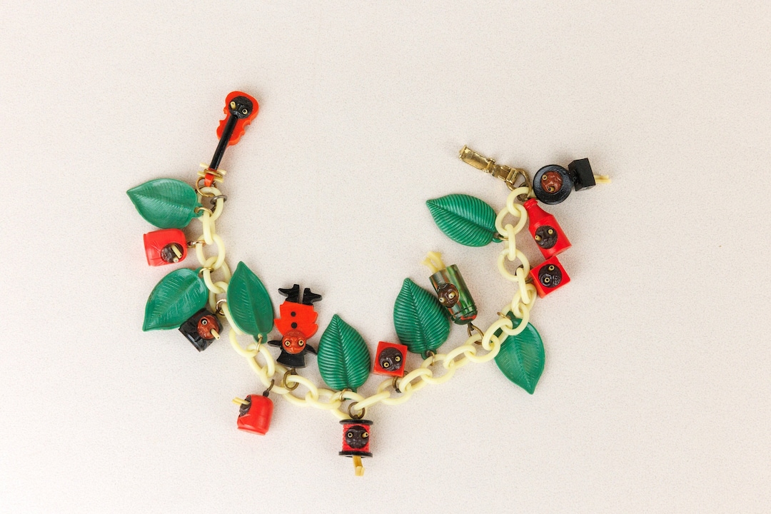 Vintage Celluloid, Early Plastic Charm Bracelet, Japanese Kobe Charm ...