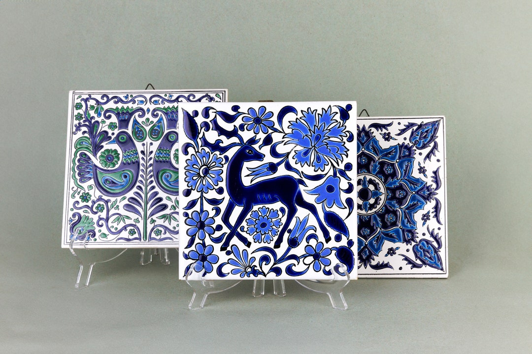3x Vintage Greek Ceramic Tiles by Nassos Rodos Hellas paradissi Pattern, Retro Decorative Tile ...