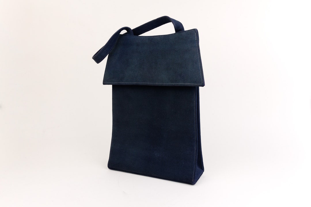 Vintage Tall Navy Blue Suede Handbag With Fold Over Flap Closure and ...