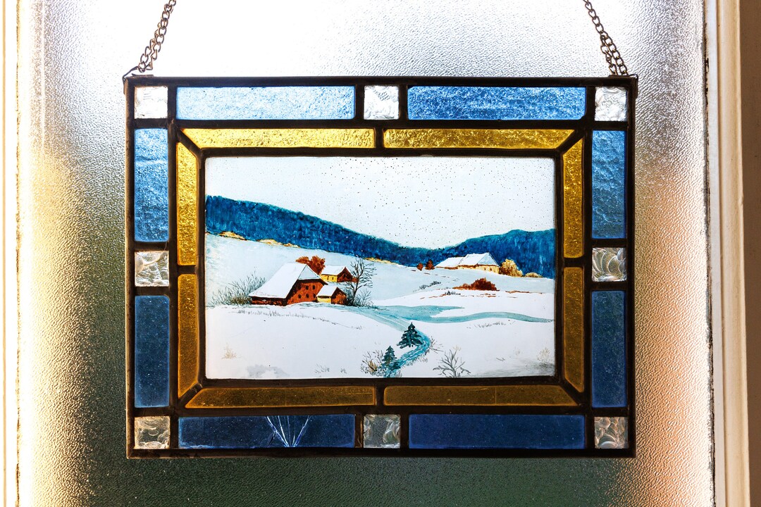 Vintage Small Painted Stained Glass Panel Depicting Winter Scene, on a ...