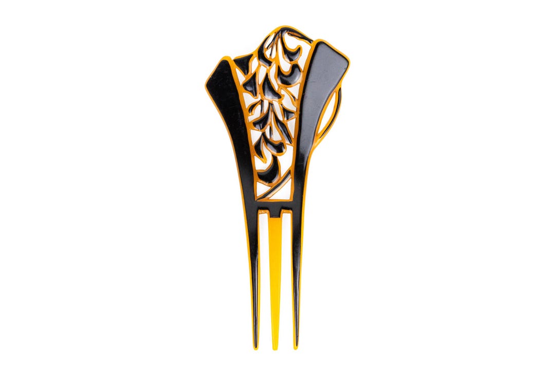 Vintage Yellow and Black Plastic Mantilla Hair Comb, Early to Mid 20th ...