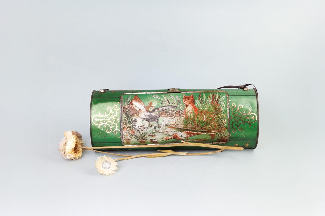 Antique Green German Metal Botanical Drum Vasculum Antique Tin Hinged ...