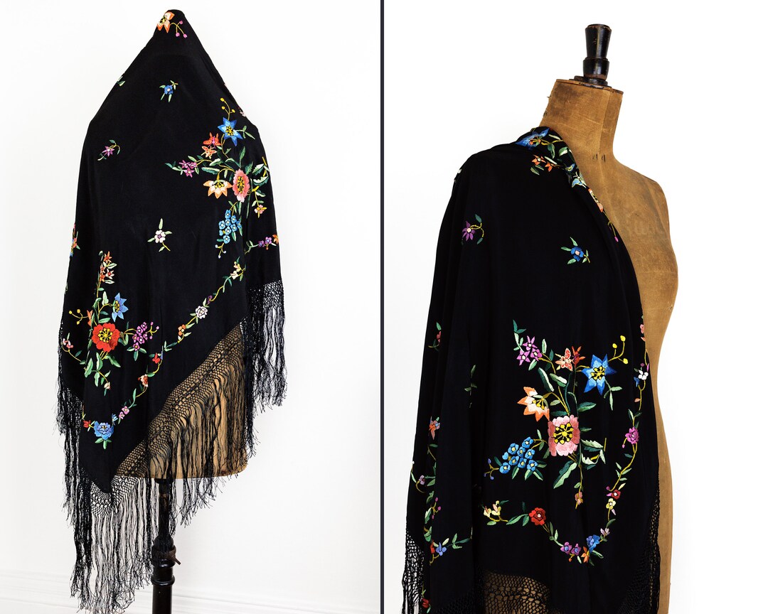 Vintage Black Piano Shawl Embroidered Polychrome Flowers, Mid Century ...
