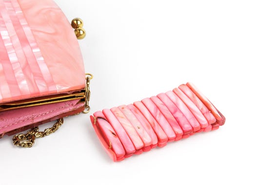 Vintage Pink Pearlised Plastic Handbag, Lucite, Brass… - Gem