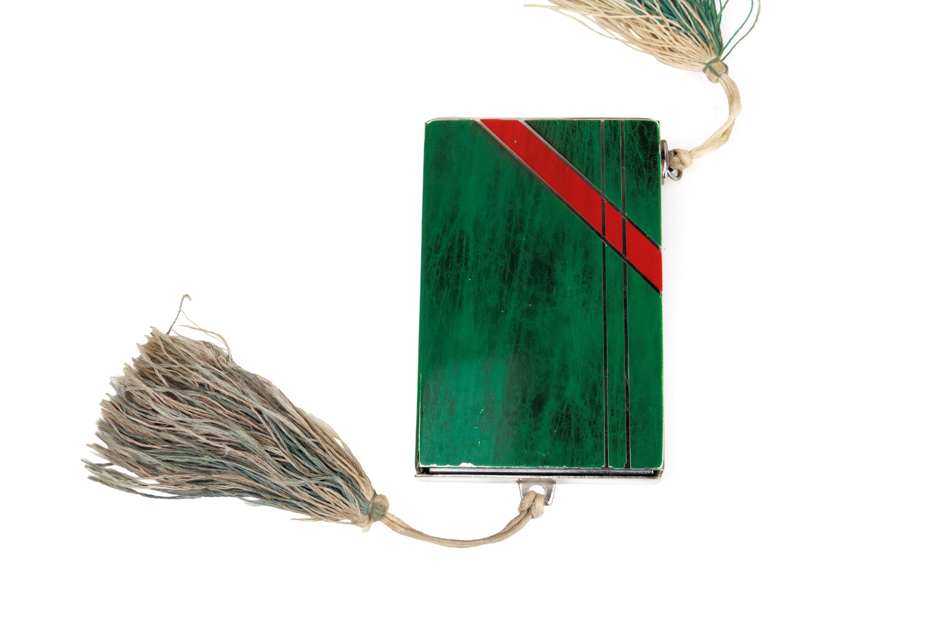 Vintage Art Deco Green and Silver Tone Metal Compact With Tassels ...